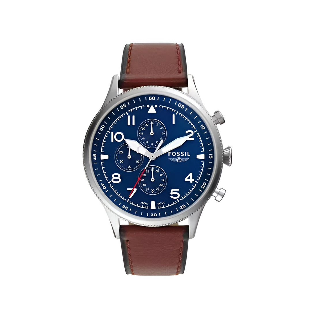 Fossil Retro Pilot Chronograph Blue Dial Brown Leather Strap Watch for ...